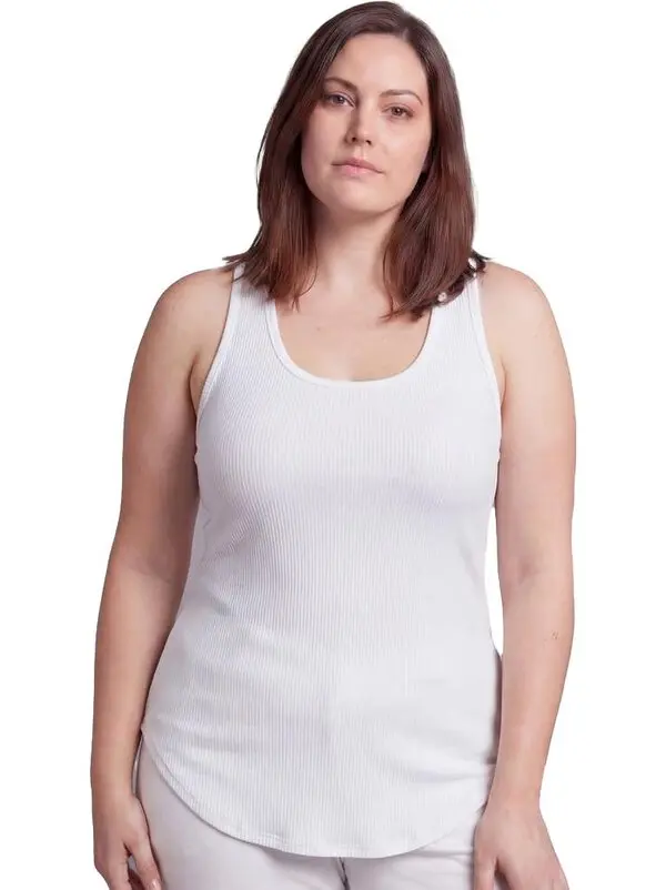 24SEVEN COMFORT APPAREL Ribbed Knit Sleeveless Scoop Neck Flared Tank Top - White