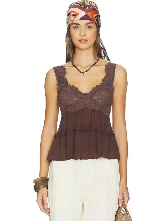 Free People Lace Trimmed Ruffled Tank Top - Shaved Chocolate