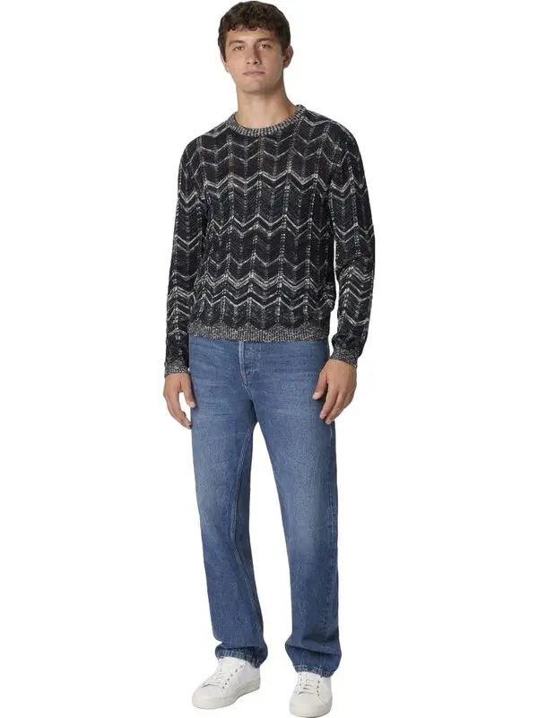Missoni Crew Neck Cotton Chevron Pullover With Ribbed Trims - Blue
