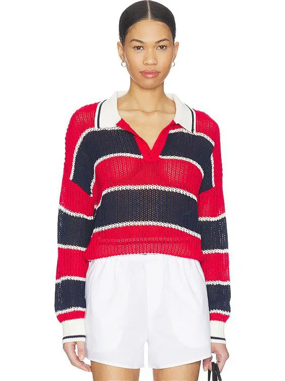 525 America Alexa Rugby Stripe Polo Pullover - Racing Red Combo
