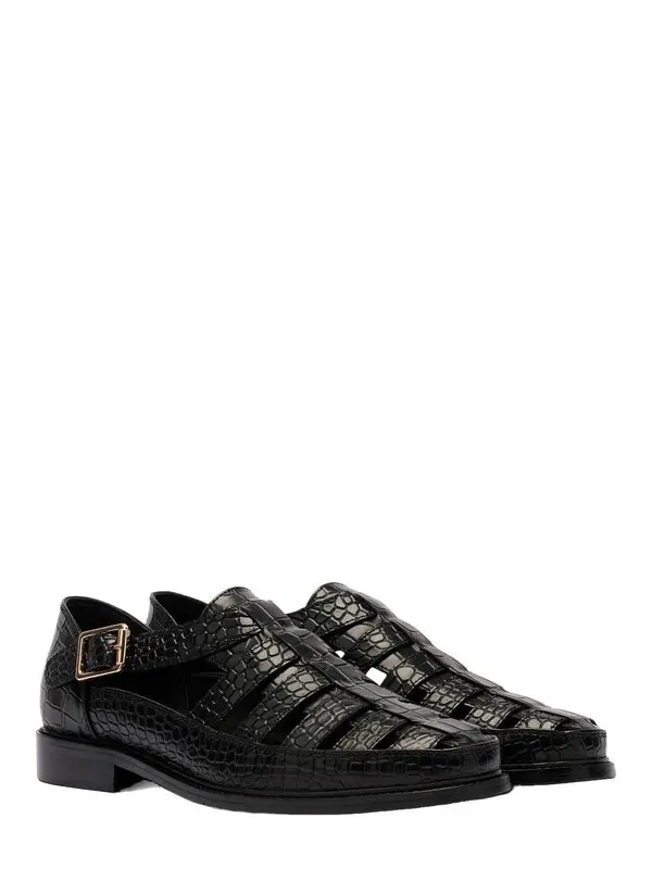 MARC NOLAN Mariner Croc Embossed Leather Fisherman Sandals - Black Croc