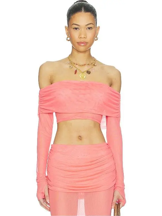 BANANHOT Lena Off-the-shoulder Ruched Mesh Top - Peach Pink