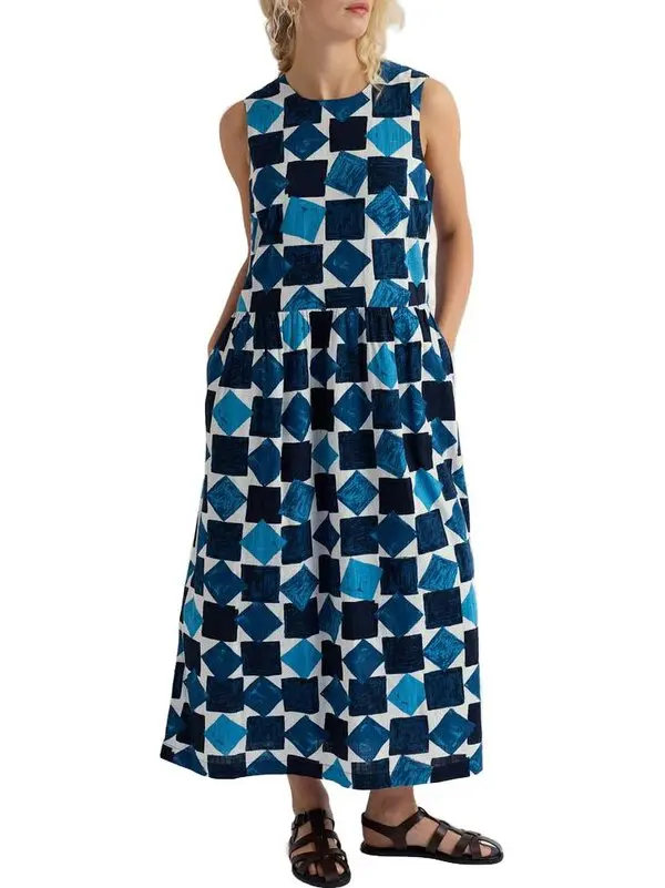 SEASALT CORNWALL Sleeveless Organic Cotton Midi Dress With Geometric Print - Tumbled Blocks Maritime