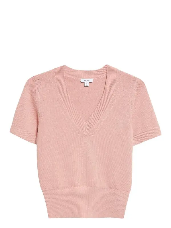REISS Valerie Cotton & Wool V-neck Short Sleeve Sweater - Pink