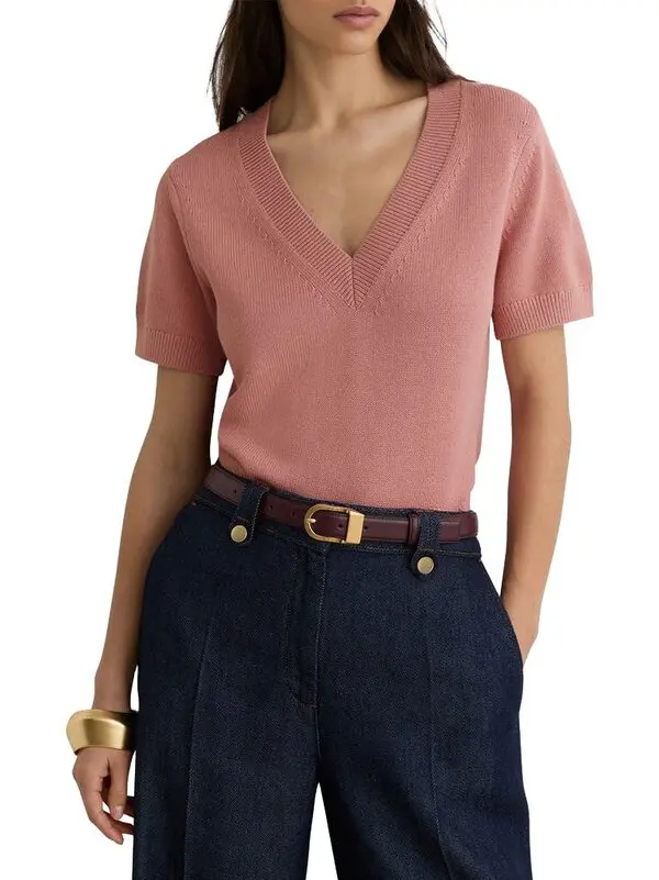 REISS Valerie Cotton & Wool V-neck Short Sleeve Sweater - Pink