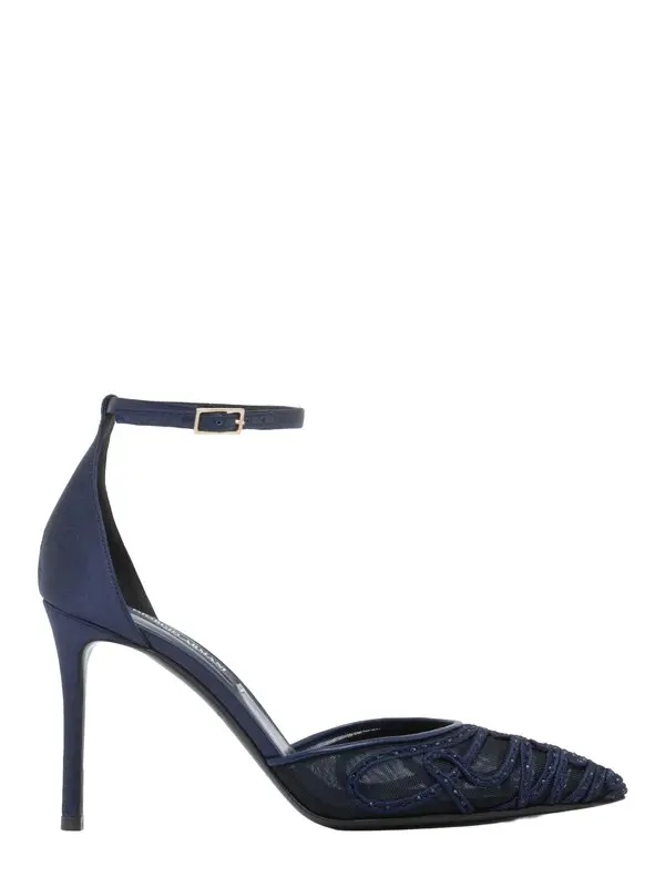 Giorgio Armani Embellished Mesh Satin Pumps With Ankle Strap - Blue
