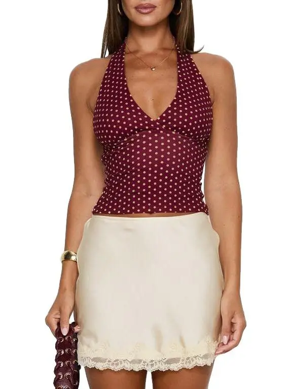 Princess Polly Halter Neck Polka Dot Top - Burgundy/lemon Polka