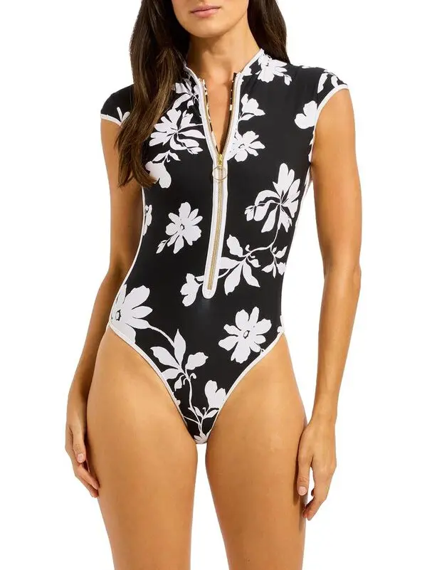 Seafolly Cap Sleeve Zip Front One-piece Swimsuit - Black