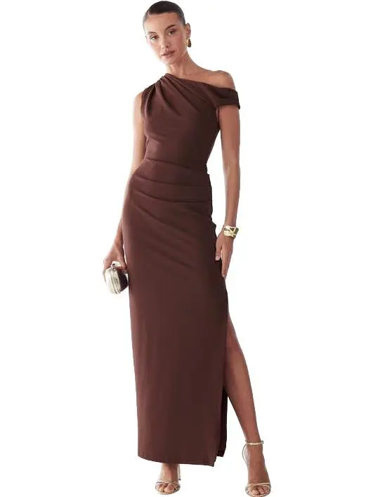 ST MRLO Raye Maxi Dress One Shoulder, Asymmetrical Neckline - Chocolate