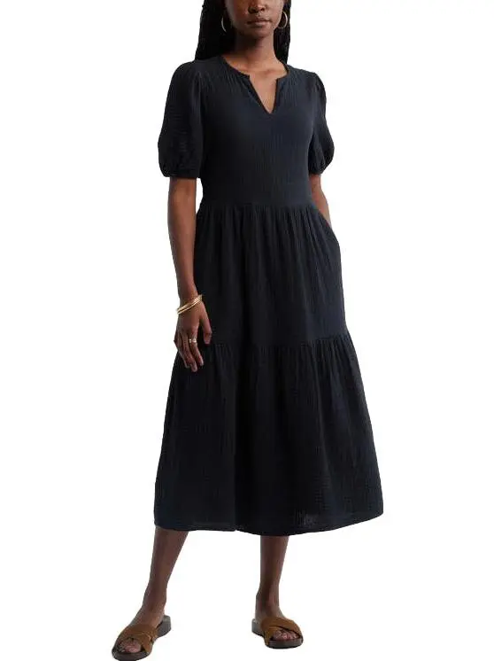 Caslon Puff Sleeve Tiered Cotton Gauze Midi Dress - Black