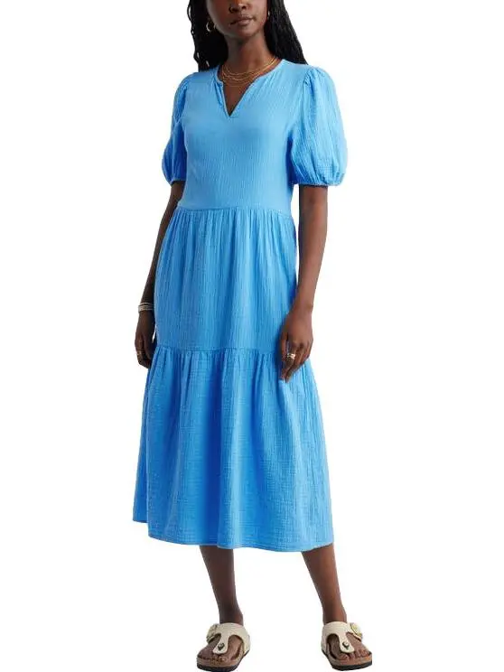 Caslon Puff Sleeve Tiered Cotton Gauze Midi Dress - Blue Maya