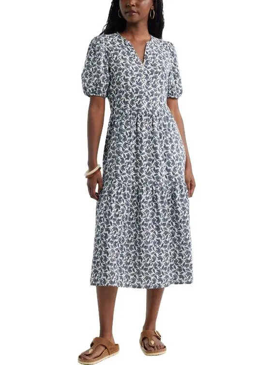 Caslon Puff Sleeve Tiered Cotton Gauze Midi Dress - Ivory- Navy Crown Floral