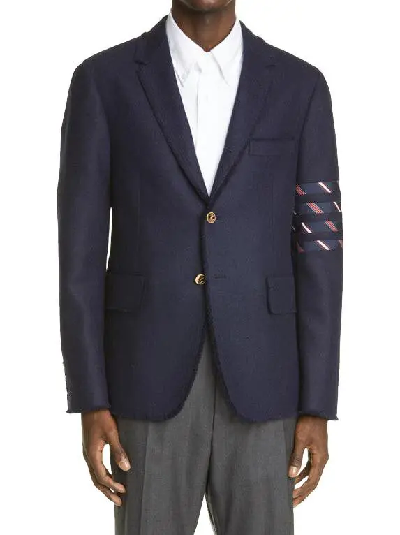 Thom Browne 4-bar Frayed Wool Sport Coat - Navy