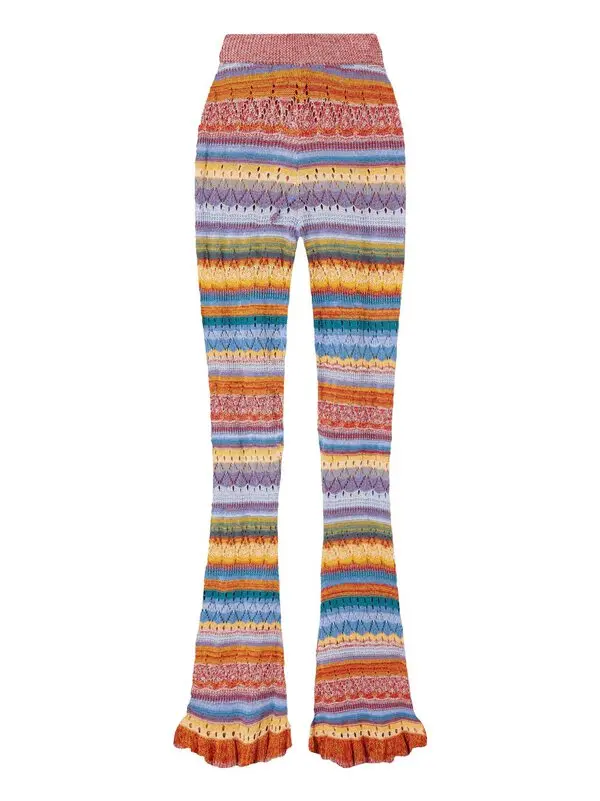 Etro Multicolor Striped Open-knit Cotton Flared Pants With Ruffle Trim - Red