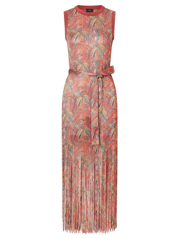 Etro Belted Fringed Jacquard-knit Midi Dress - Red
