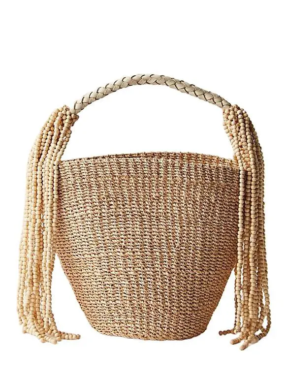 Free People Aranaz Esmeralda Bag Woven And Beaded Fringe Top Handle Bag - Natural