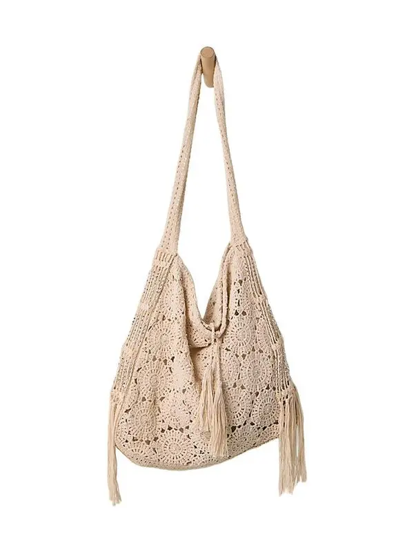 Free People Crochet Tote With Fringe And Tassel Accents - Cream
