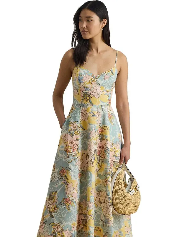 Ralph Lauren Sleeveless Floral Linen Midi Dress - Cream/blue Multi