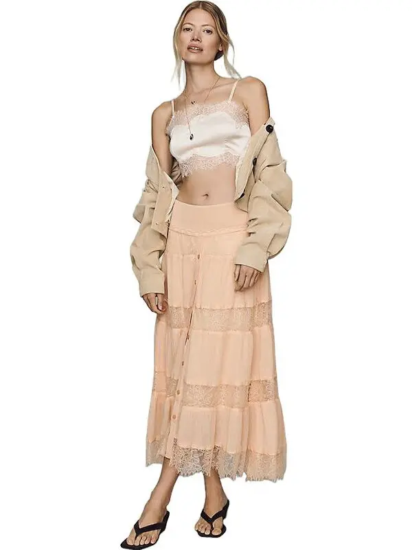 Anthropologie Tiered Lace Midi Skirt - Peach