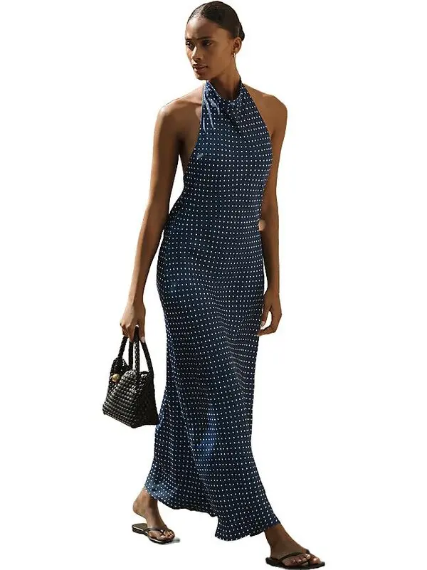Maeve Jamie Satin Halter Maxi Dress - Navy / White Dot