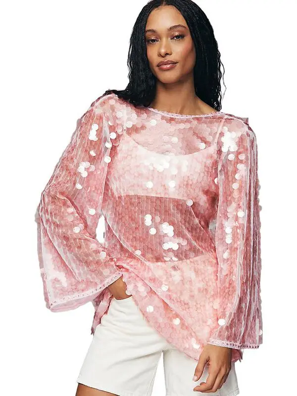 CELANDINE Sequin Embellished Tunic Top - Pink