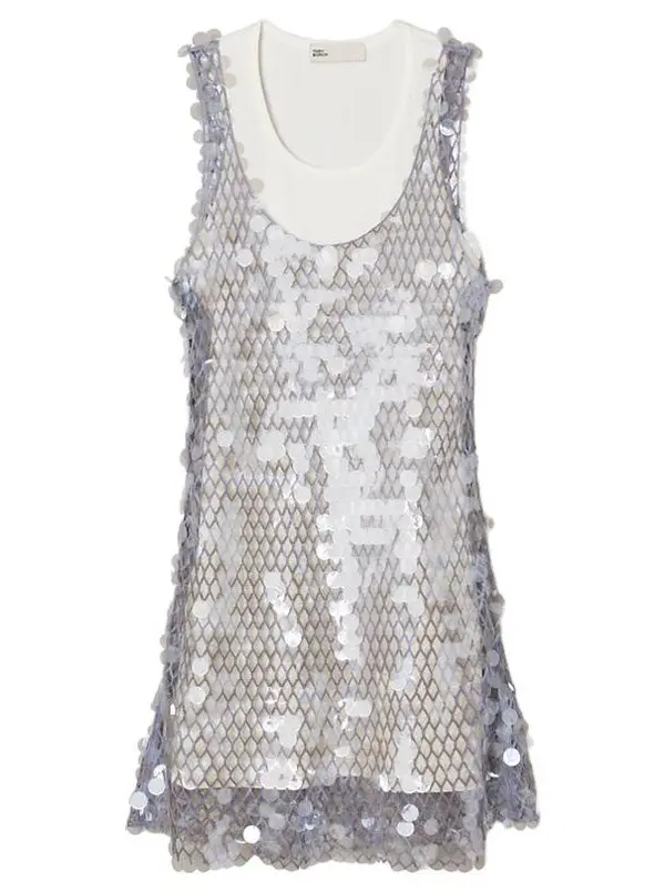 Tory Burch Sequin Mesh Racerback Dress - Snow White/washed Sky