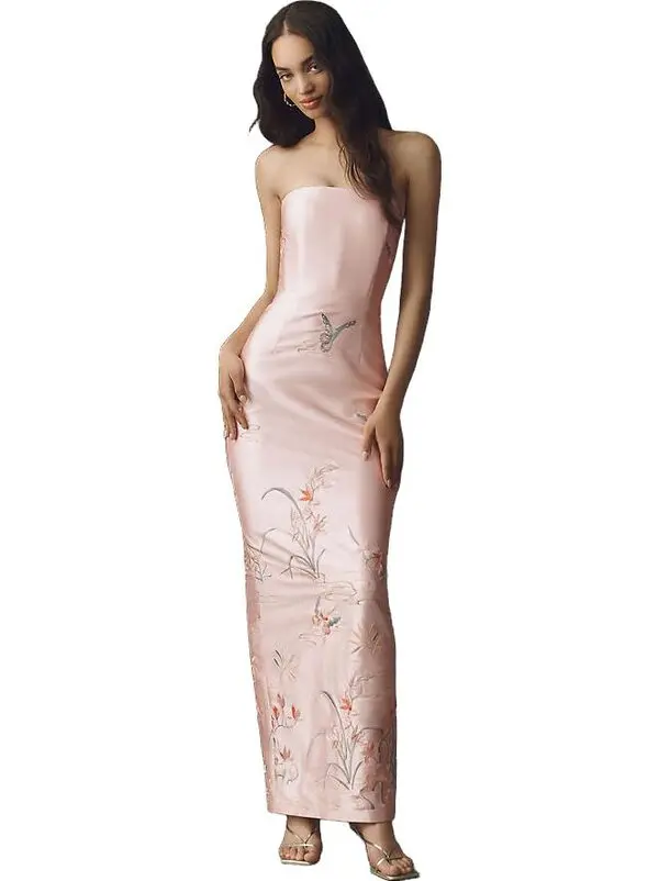 SAU LEE Isla Embroidered Satin Column Gown - Pink Multi