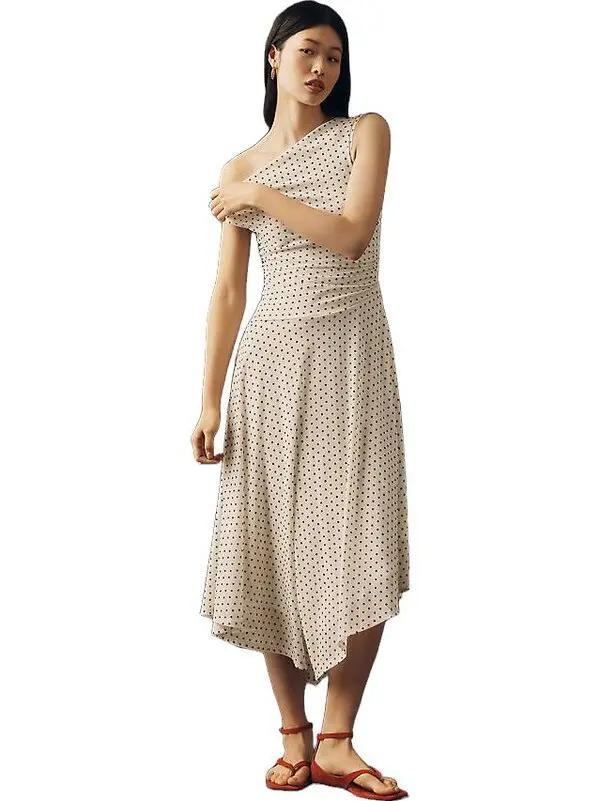 Astr The Label Ciarra Asymmetrical Midi Dress - Ivory Polka Dot