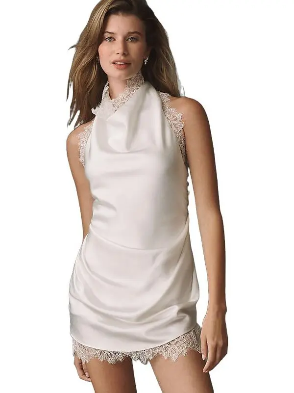 Watters Satin Mini Dress With Lace Trim - Ivory