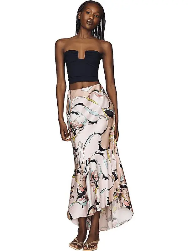 Maeve Bias Cut Satin Midi Skirt - Pink Pattern
