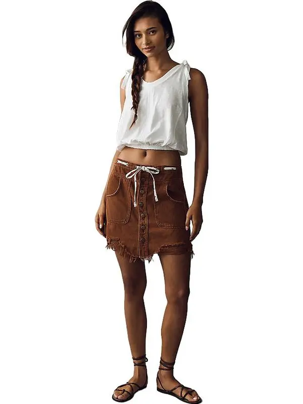 PILCRO Drawstring Denim Mini Skirt With Button Front And Raw Hem - Rust