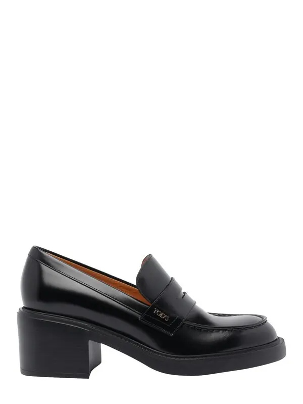 TOD'S Leather Block Heel Pump Loafers - Black