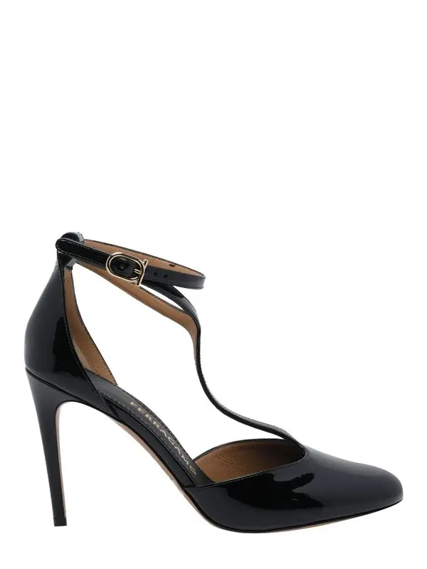 FERRAGAMO Patent Leather Stiletto Heel Pumps With Ankle Strap - Black