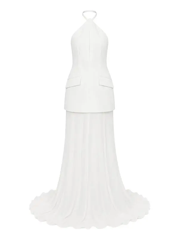 Sportmax Halter Neck Sleeveless A-line Pleated Transparent Effect Dress - White