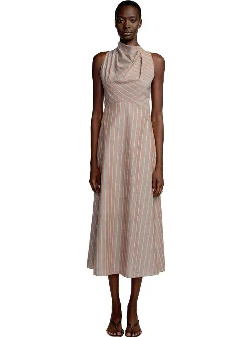 Lela Rose Striped Cotton Linen Draped Halter Dress - Brown