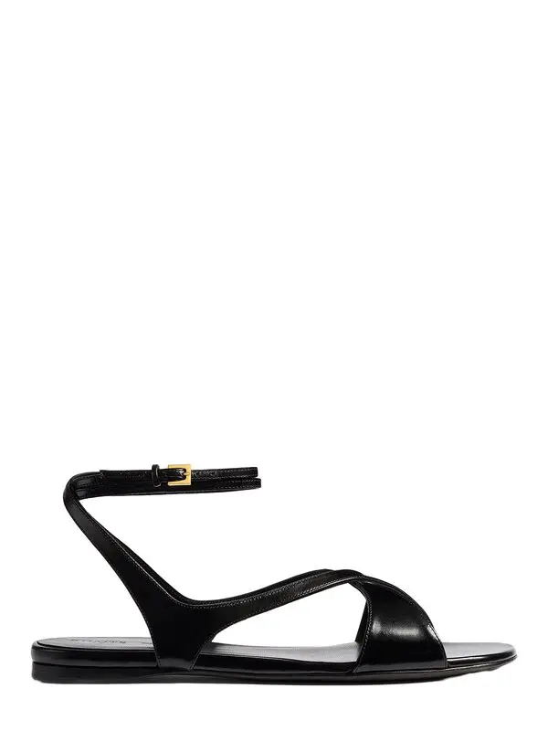 Khaite Liria Glazed Leather Ankle Strap Flat Sandals - Black