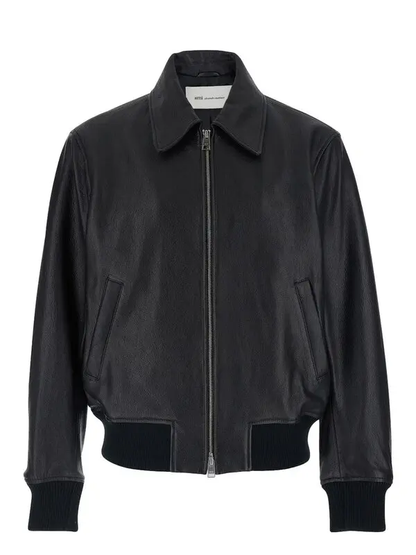 Ami Leather Jacket With Zip Closure - Multicolor