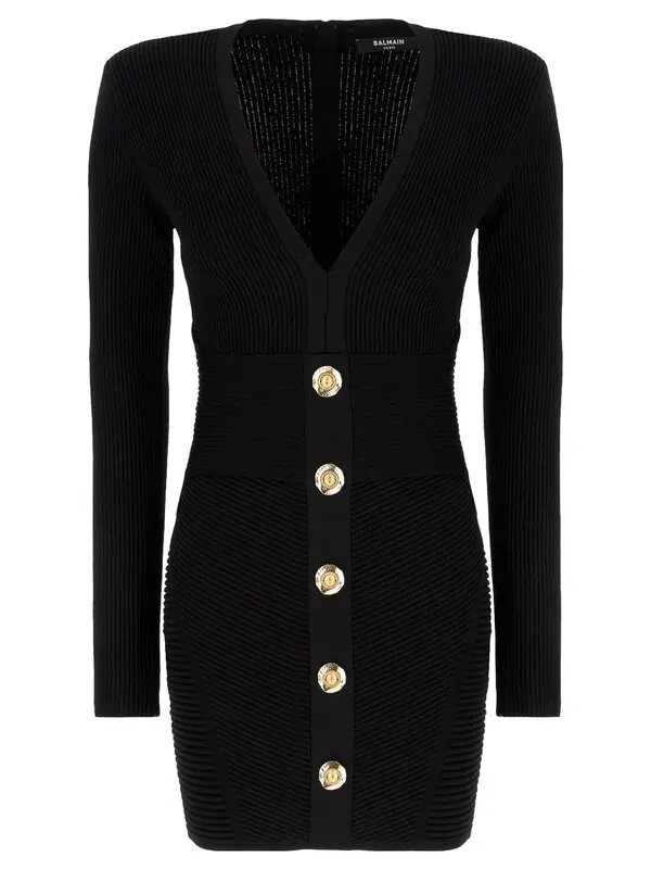 Balmain Ribbed Knit Dress With Gold Tone Buttons - Multicolor