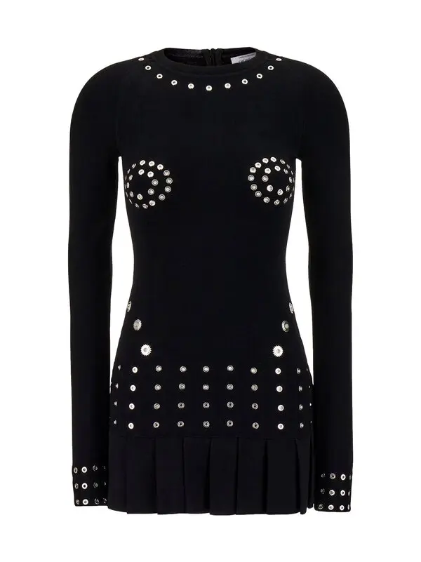 Off-White Knit Dress With Studded Embellishments And Pleated Skirt - Multicolor