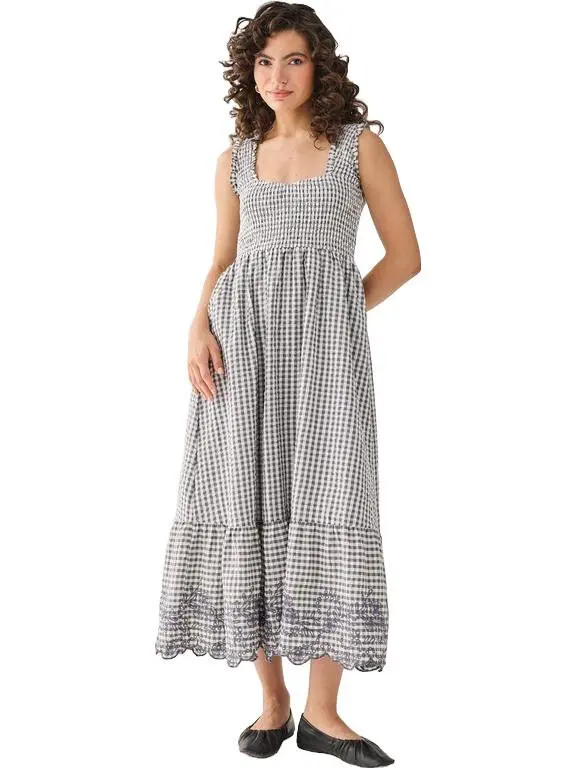 REISTOR Smocked Maxi Dress In Check - Grey