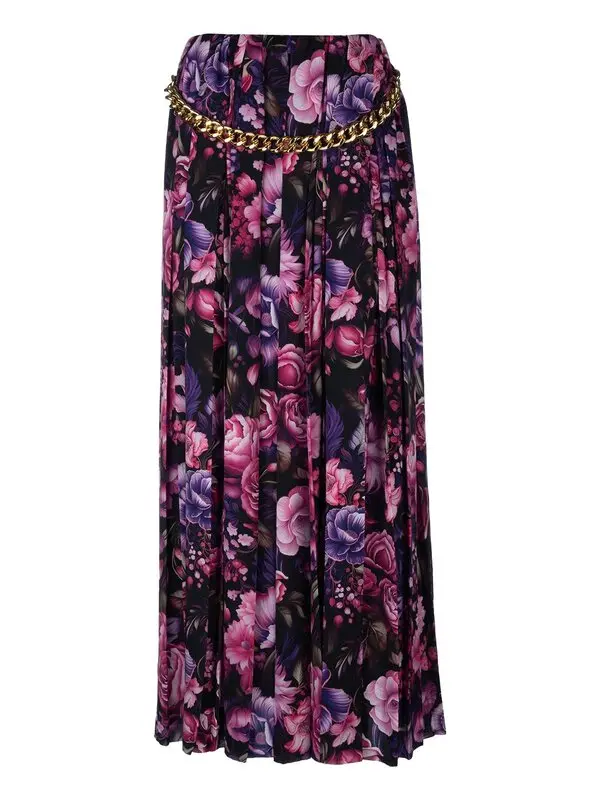 Balenciaga Floral Print Pleated Skirt With Gold Tone Chain Detail - Multicolor