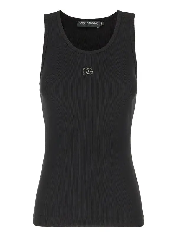 Dolce & Gabbana Ribbed Tank Top With Embellished Logo - Multicolor