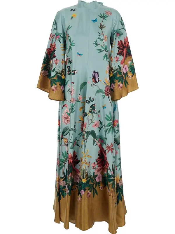 La DoubleJ Long Dress With High Neck And Floral Motif In Silk - Multicolor