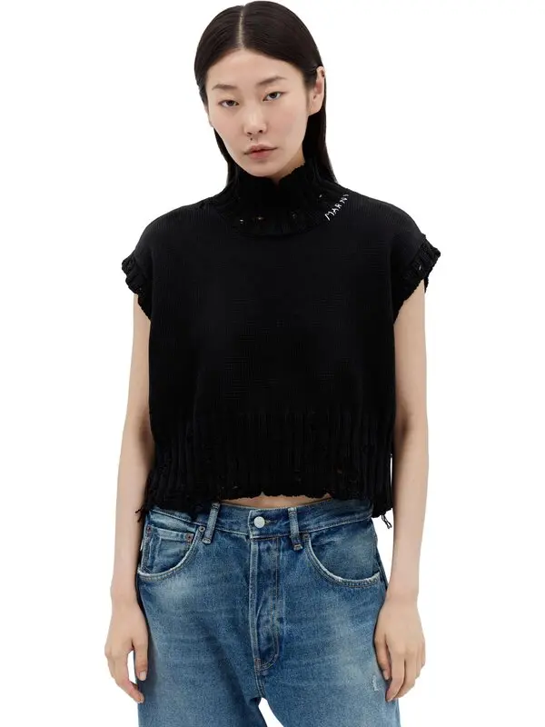 Marni High Neck Cropped Sweater With Distressed Motif - Black