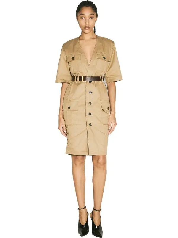 Saint Laurent Utility Shirt Dress In Cotton Gabardine - Cream