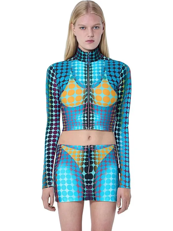 JEAN PAUL GAULTIER Cropped Zip-up Long Sleeve Top In Geometric Print - Blue