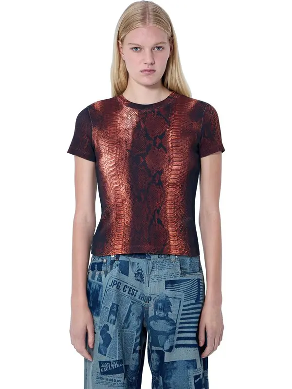 JEAN PAUL GAULTIER Ribbed Python Print Short Sleeve T-shirt - Brown