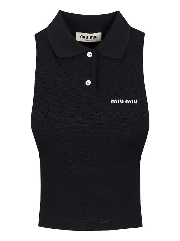 Miu Miu Sleeveless Embroidered Logo Piquet Polo Shirt - Blue