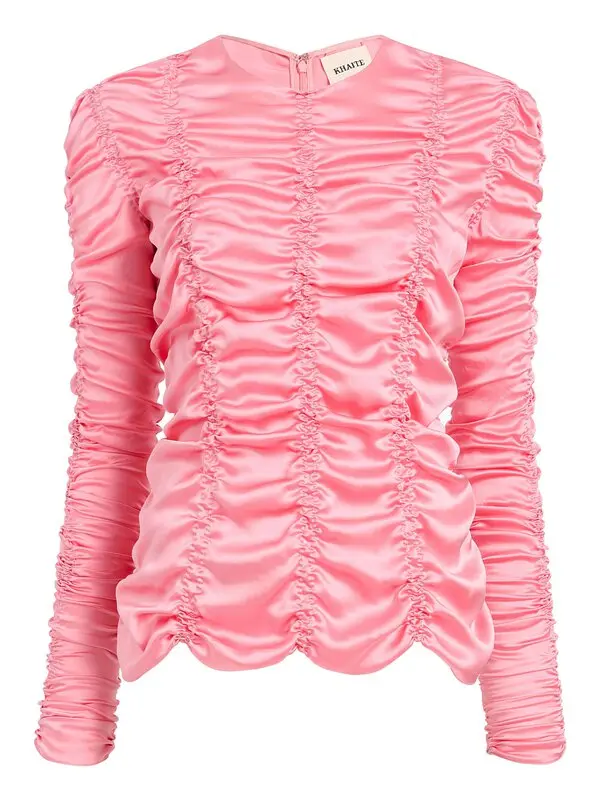 Khaite Rory Ruched Silk Charmeuse Top - Azalea