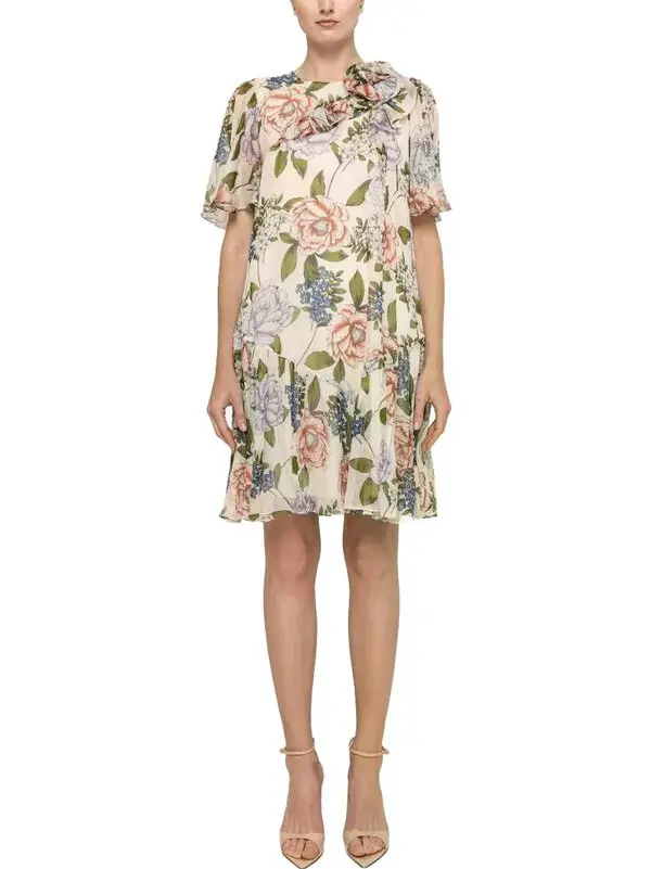 NISSA Floral-print Ruffled Mini Dress - Neutrals